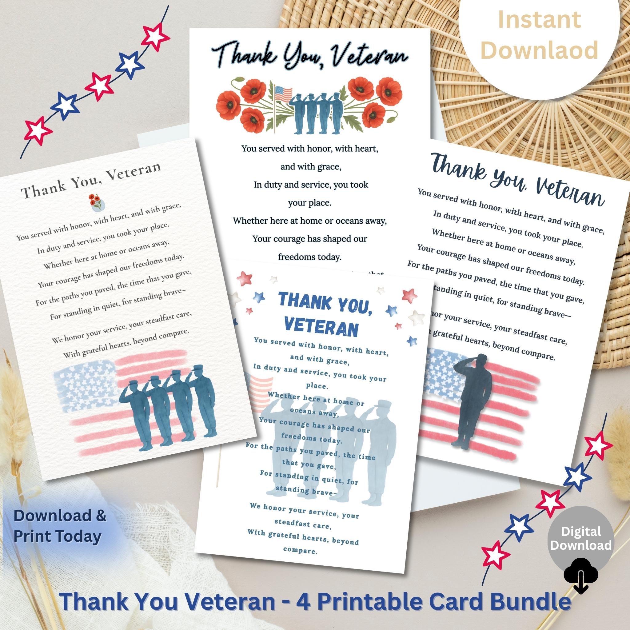 Veterans Thank You Card Bundle | 4 Printable Patriotic Cards – Digital ...