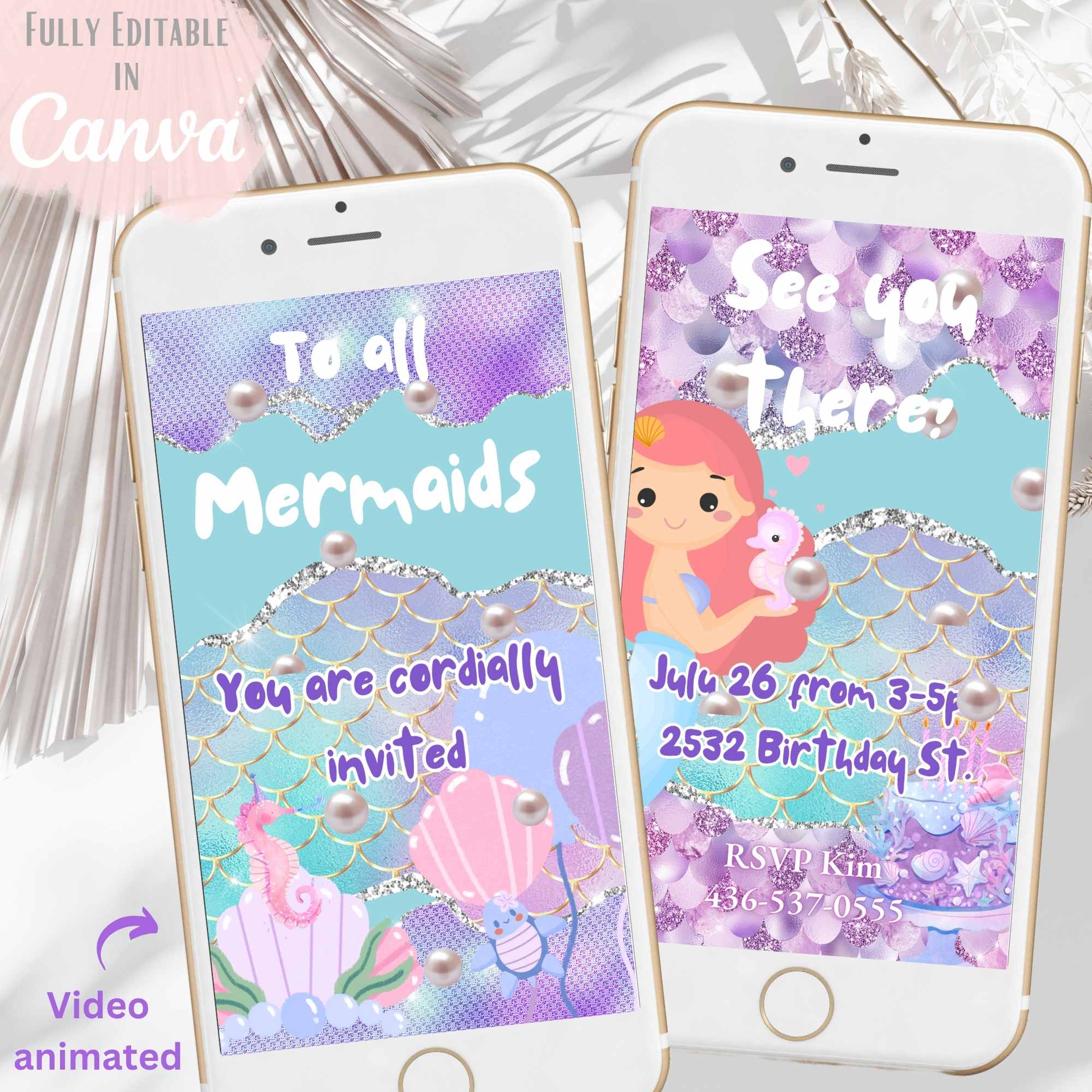 Animated Mermaid Birthday Invitation – Editable Canva Template – Phone ...