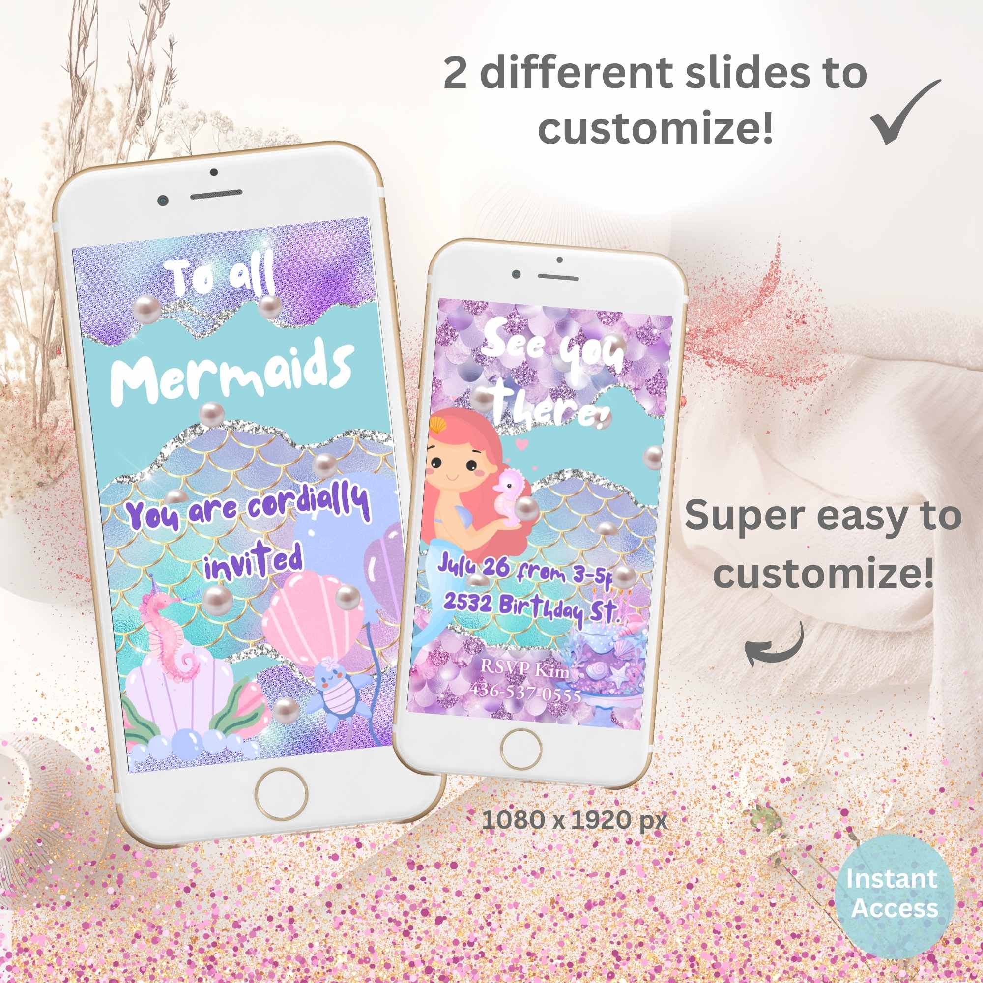 Animated Mermaid Birthday Invitation – Editable Canva Template – Phone ...