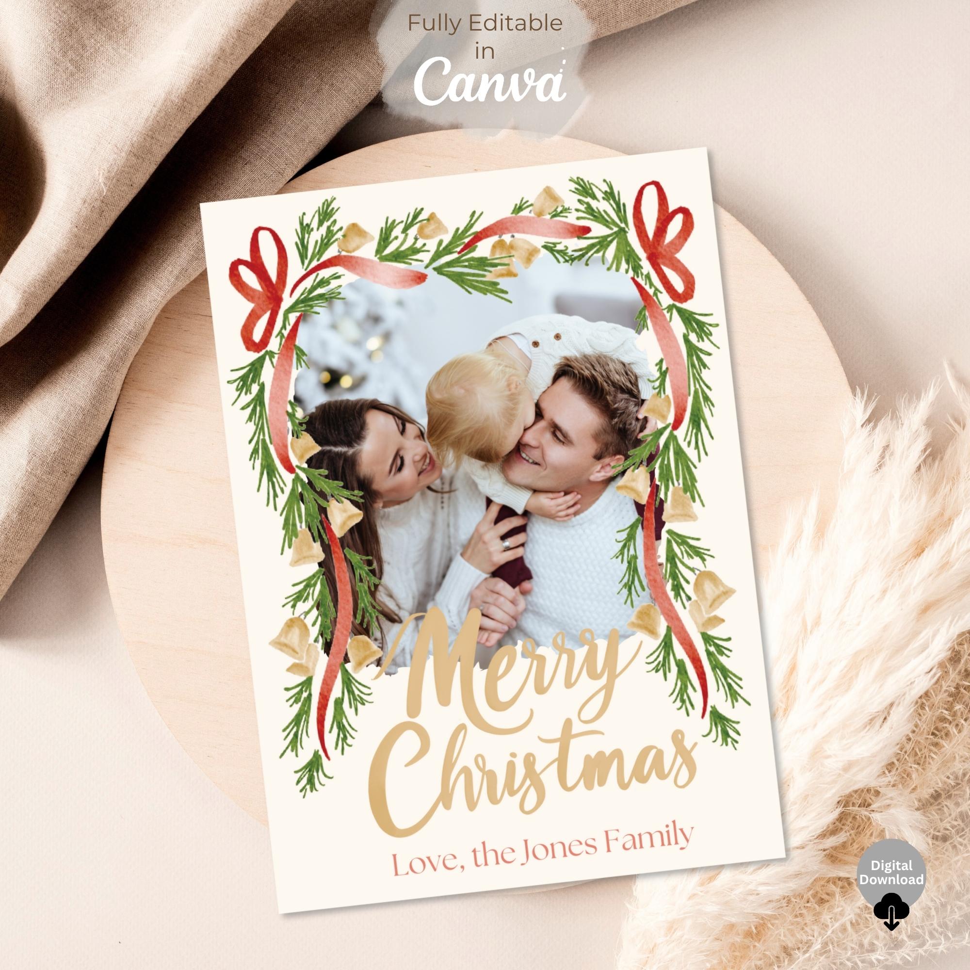 Boho Christmas Photo Card Template – Editable Holiday Canva Design with ...