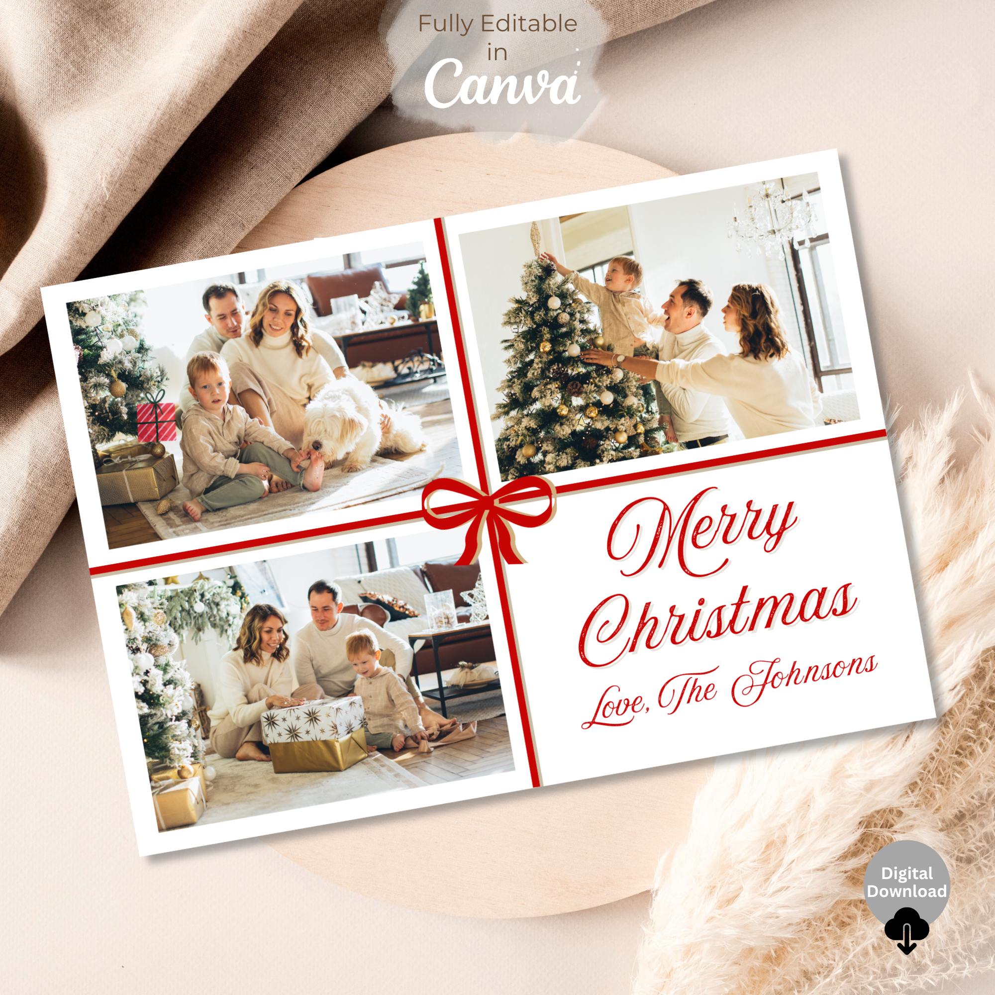 Editable Christmas Photo Card – Red Ribbon Canva Template | Digital ...
