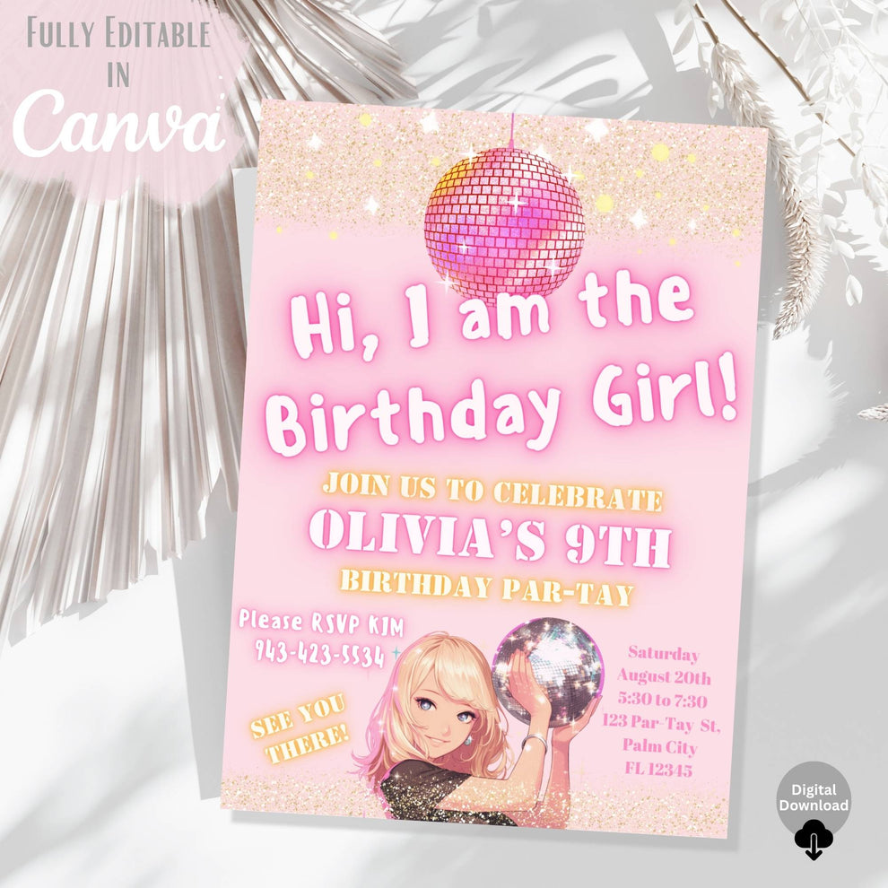 Editable Pop Star Birthday Invitation – “I Am the Birthday Girl” Canva ...
