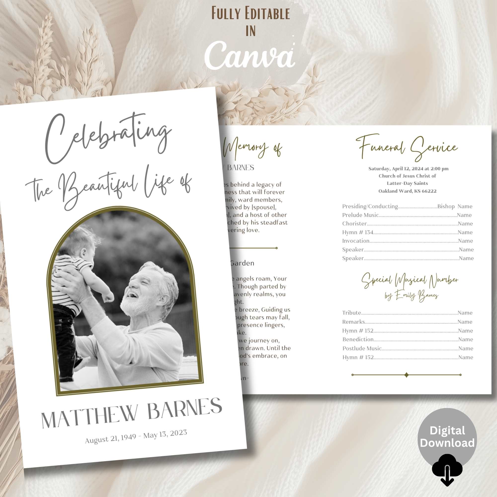 LDS Funeral Program Template – Editable Celebration of Life Canva ...