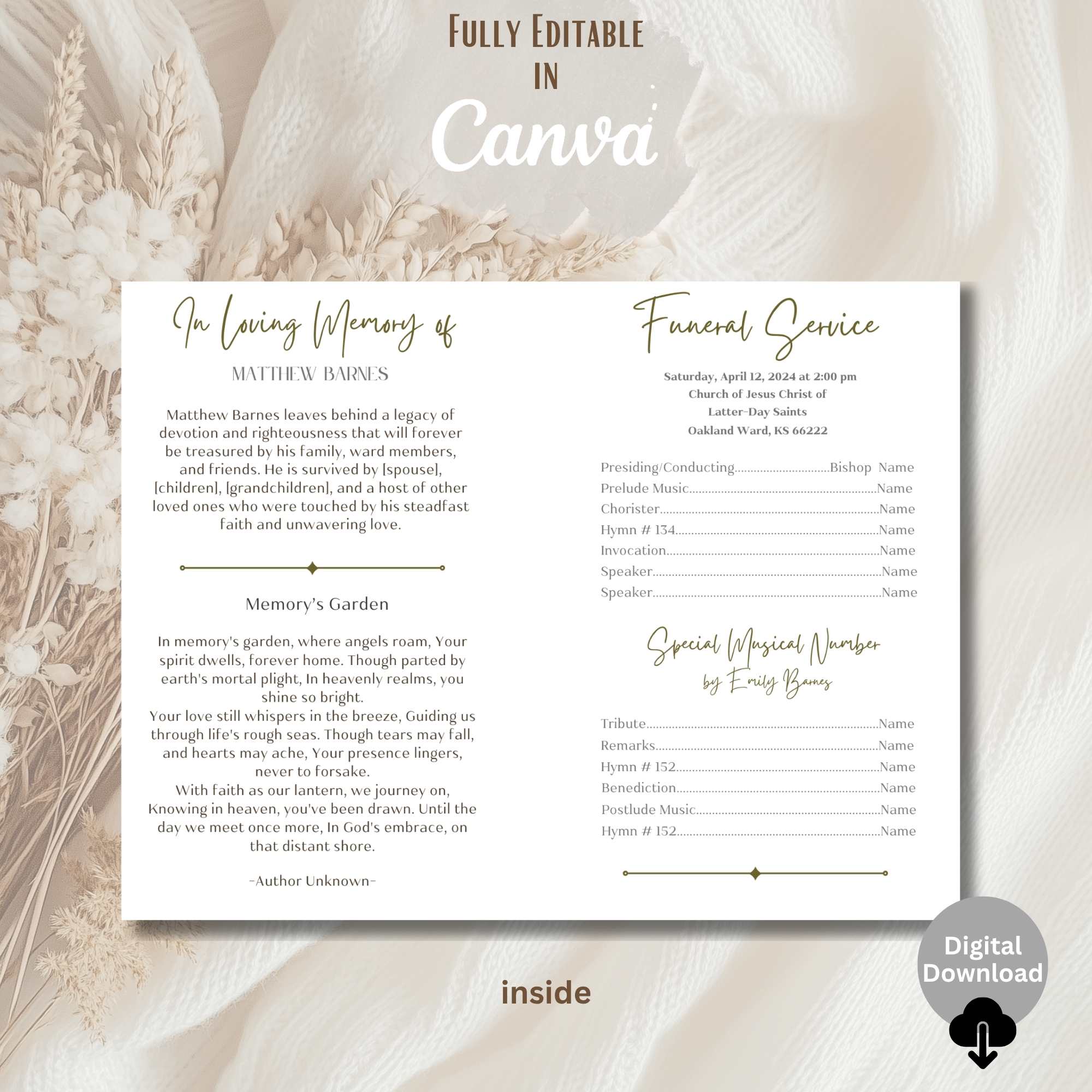 LDS Funeral Program Template – Editable Celebration of Life Canva ...