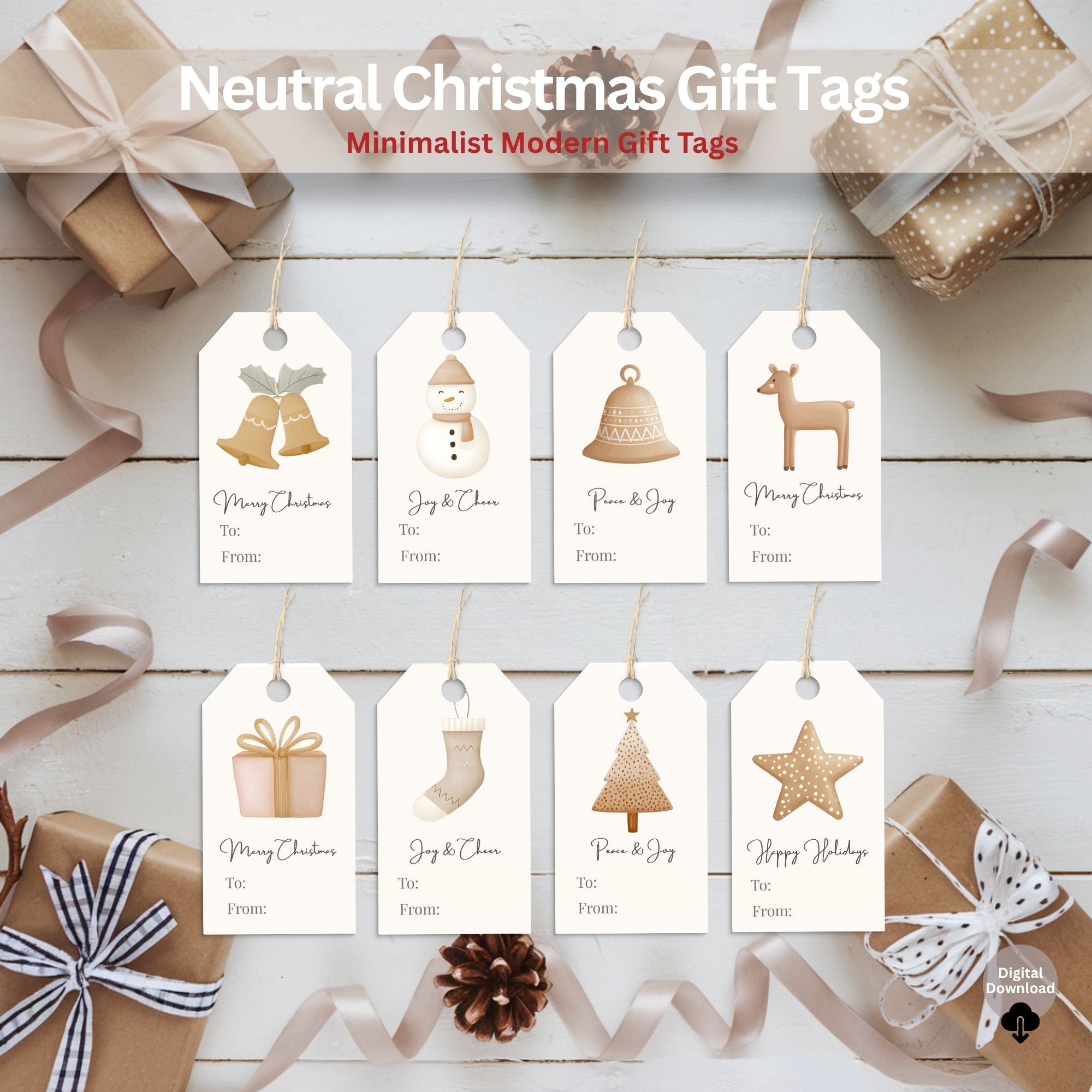 Neutral Christmas Gift Tags | Minimalist Printable Tags | Modern Beige ...