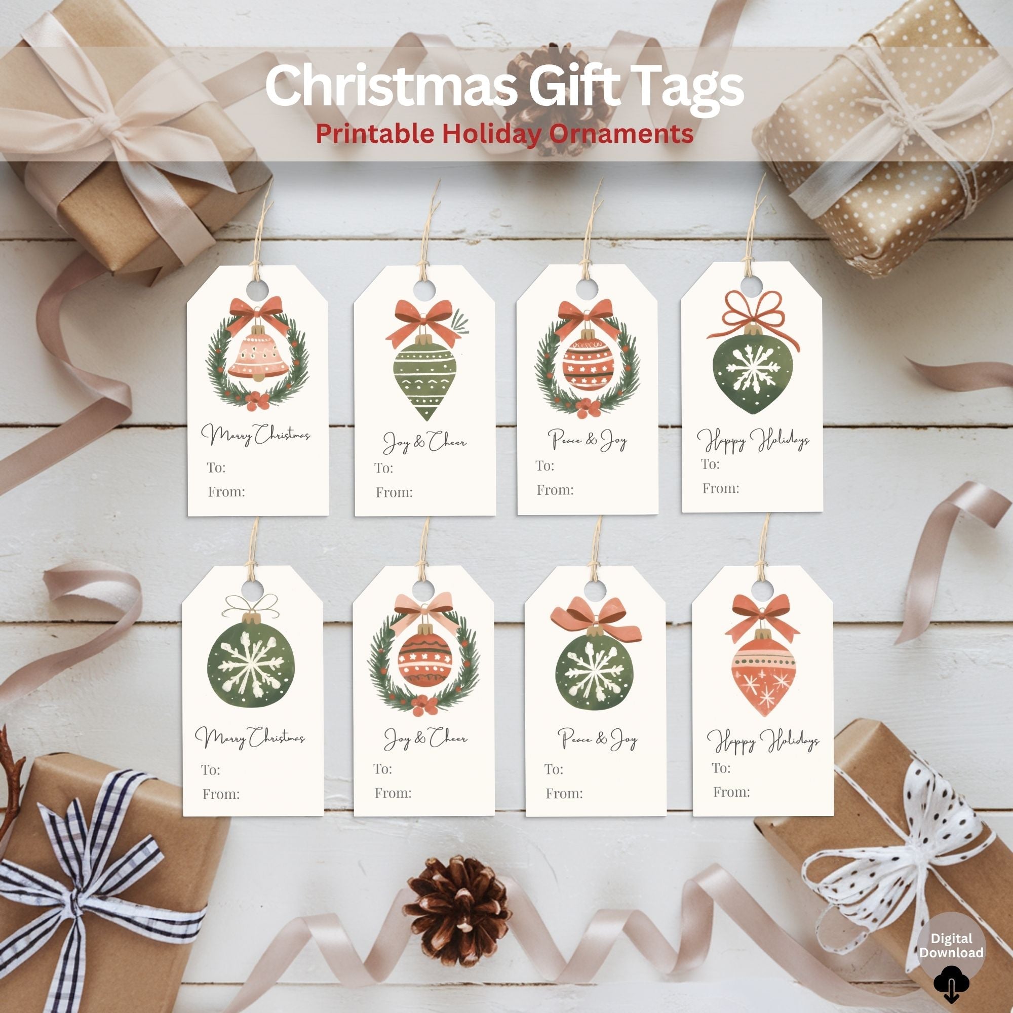 Neutral Christmas Gift Tags Printable | Scandi Ornament Labels (Digital ...