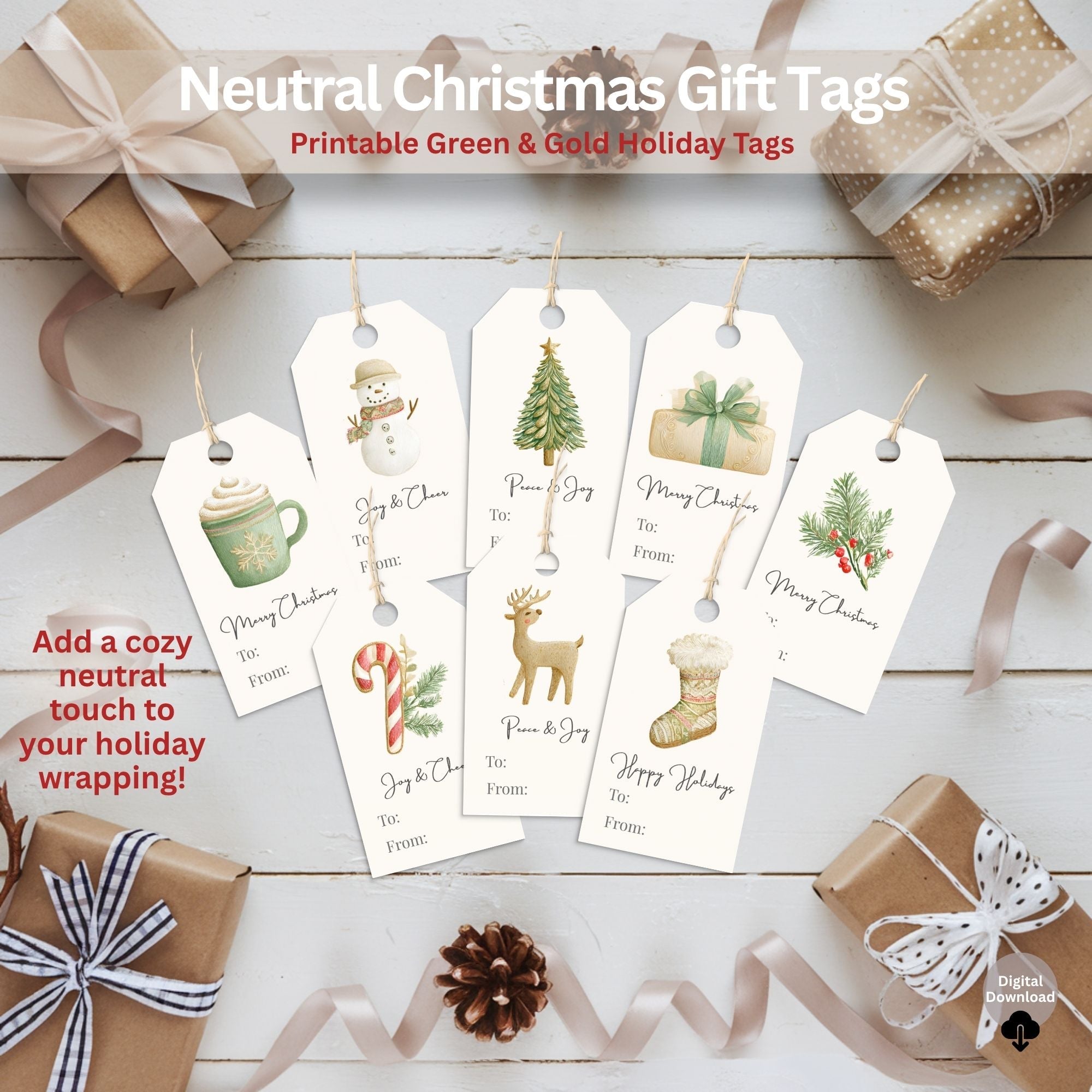 Printable Green & Gold Christmas Gift Tags | Neutral Holiday Tag Set ...