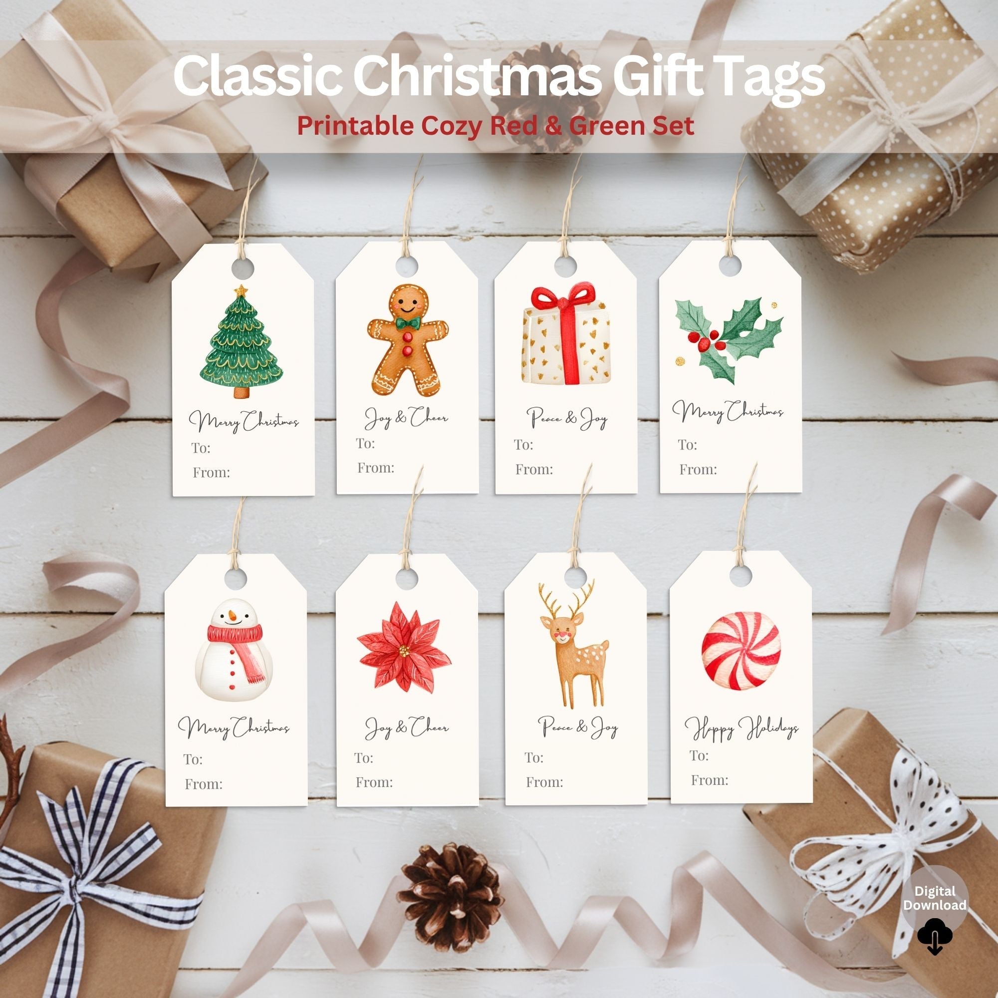 Printable Merry Christmas Gift Tags | Classic Red & Green Holiday Tags ...