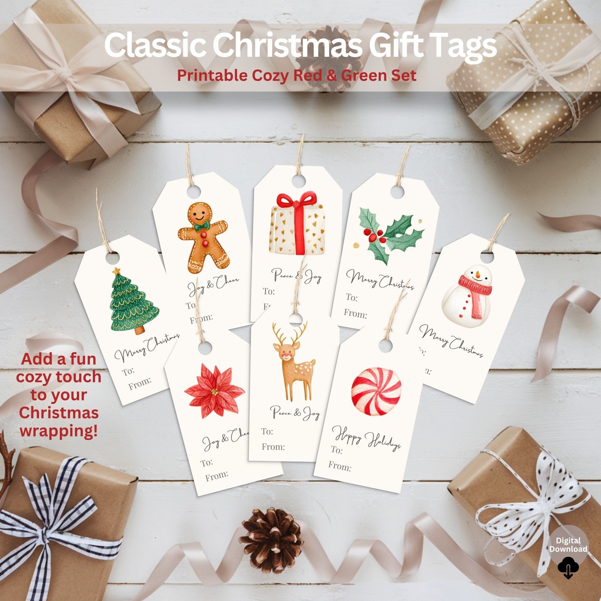 Printable Merry Christmas Gift Tags | Classic Red & Green Holiday Tags ...