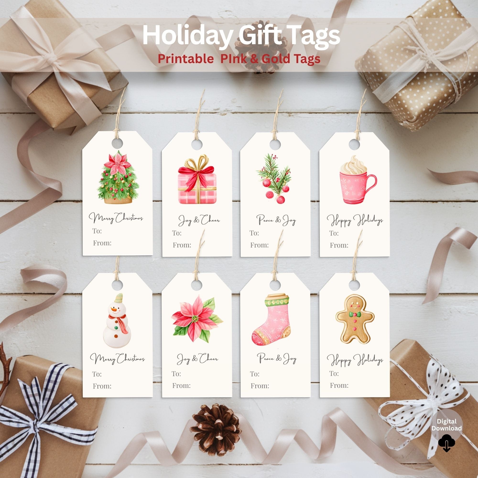 Printable Pink Christmas Gift Tags | Cozy Holiday Tag Set | Elegant ...