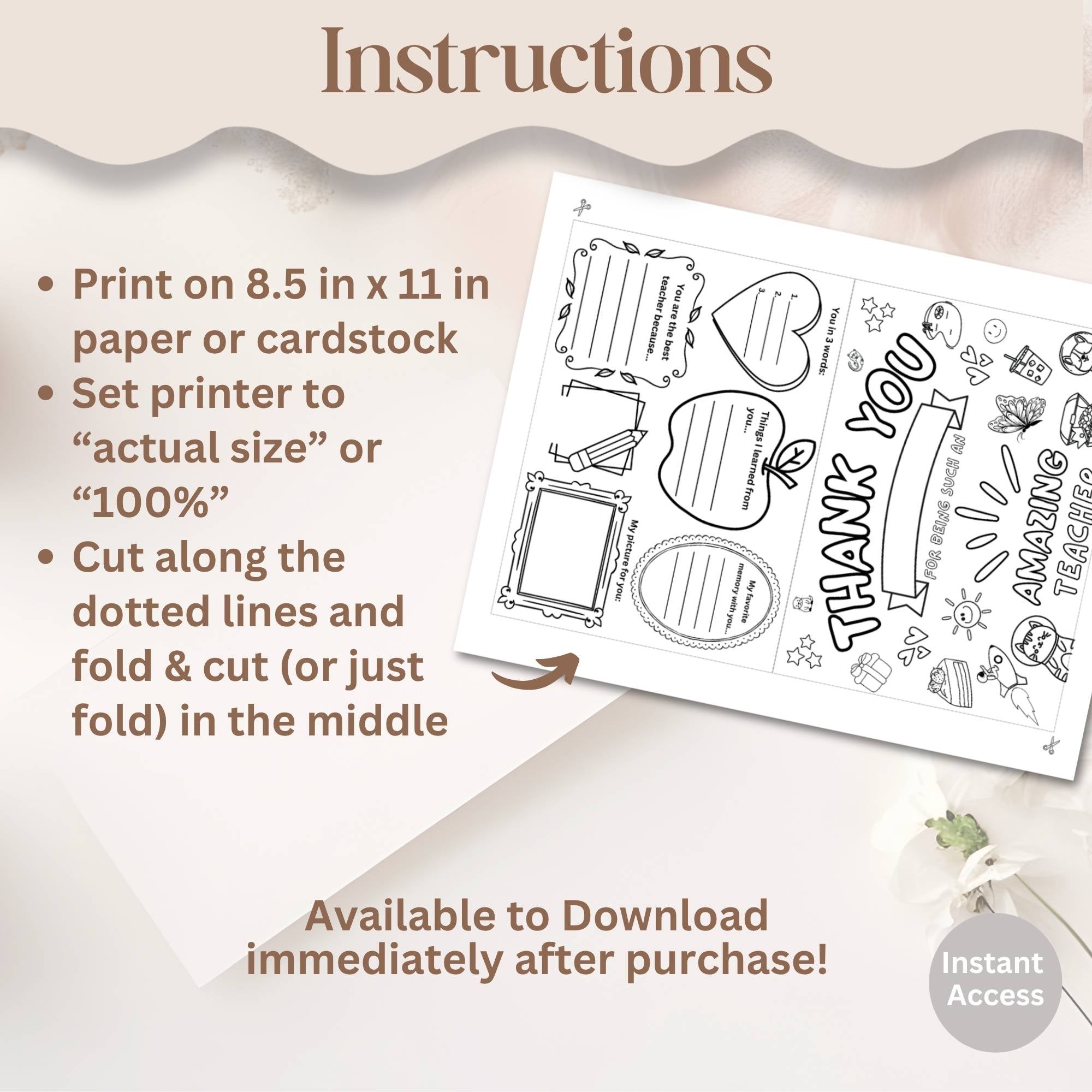 Printable Teacher Thank You Card – 8.5x11 Coloring Craft for Kids ...